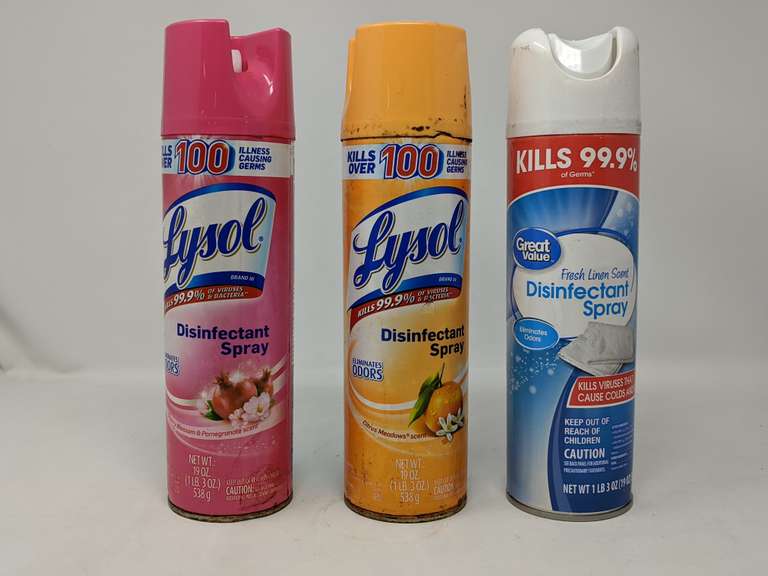 Assortment of 3 Disinfectant Spray - Lysol and Great Value - Cherry ...