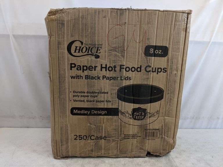 Choice Paper Hot Food Cups with Black Paper Lids - Medley Design, 8 oz ...