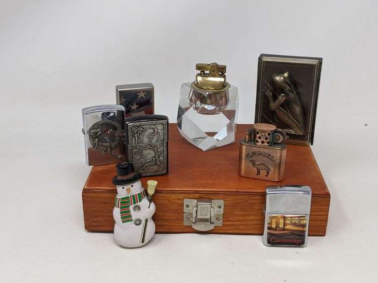 Vintage Assortment of 8 Lighters with Wood Case - Dutch Goat