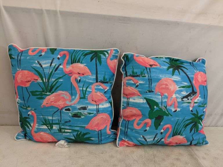 Lot of 2 White Pipe Flamingo Throw Pillows - 17.72" x 17.72" - Dutch Goat