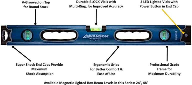 24" Westward Lighted Aluminum Box Beam Level - All Three Lighted Vials ...