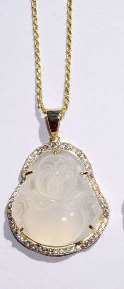 18K Gold Chain White Jade Buddha Necklace 16" Chain - Dutch Goat