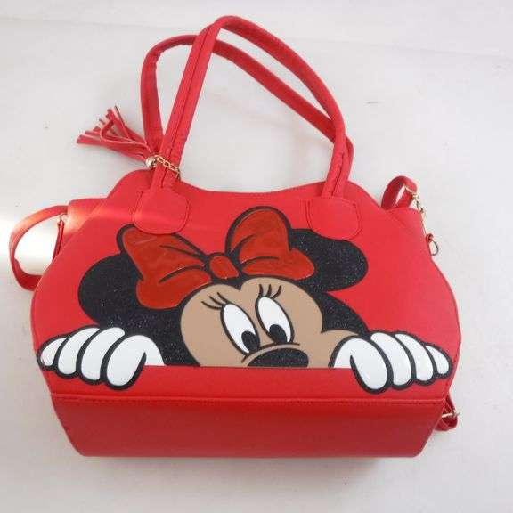 Red Leather Feel Sparkly Zippered Minnie Mouse Hand Bag 12" x 5" x 10 ...