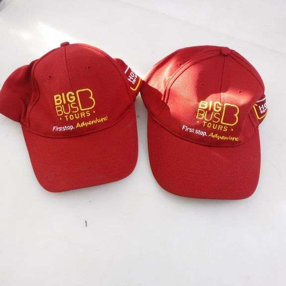 Lot of 2 Big Bus Tours First Stop Adventure Red Curved Brim Hats - 100% ...