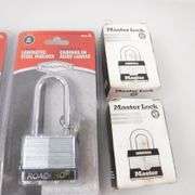 Assortment Of Locks: 4 Master Lock Commercial Padlocks 1 Is Missing A Key, 1 Safety Cable Gun ...