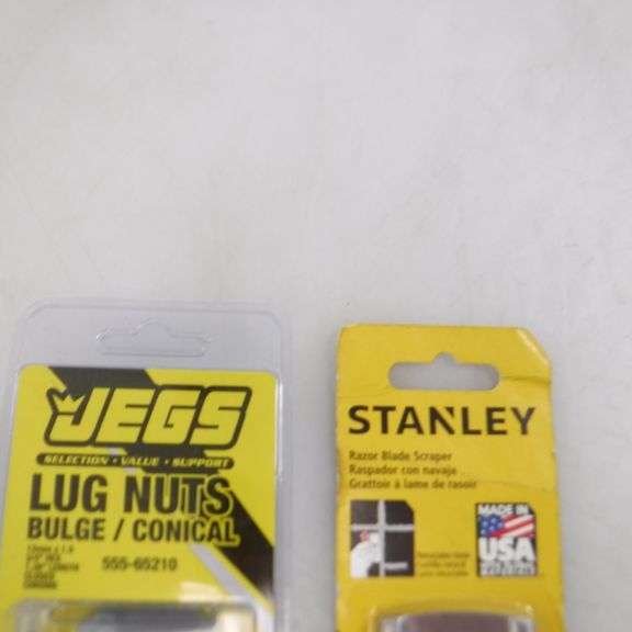Assortment Of Tools: Stanley Razor Blade Scraper, Jegs 4 Piece Lug Nut ...