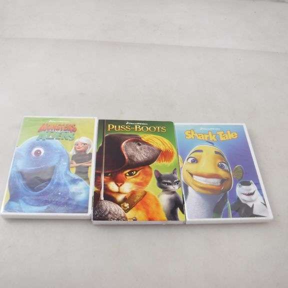 Assortment Of 3 Movies: Puss In Boots - PG / Shark Tale - PG / Monsters ...