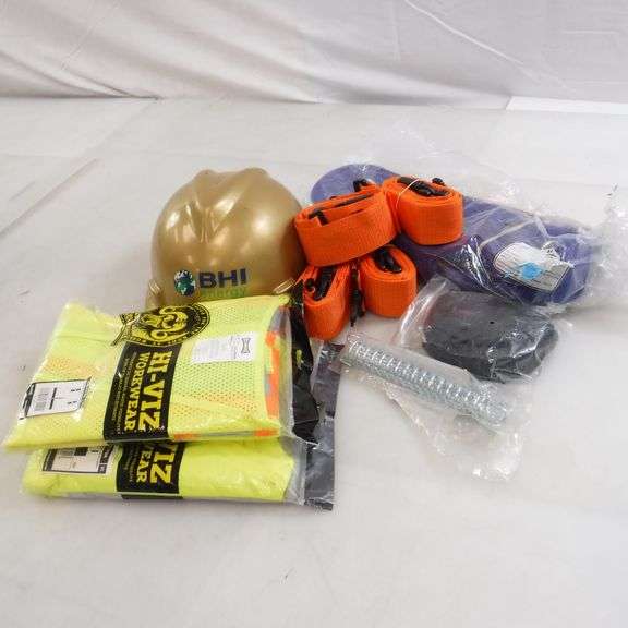 Assortment Of Work Safety Equipment: Hi-Viz Work Vest, Hi-Viz Neon Work ...