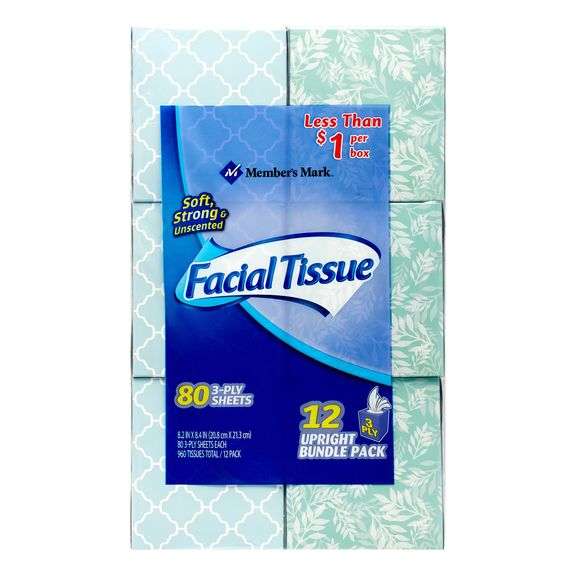 Member's Mark Ultra Soft Facial Tissues, 12 Cube Boxes, 80 3-Ply ...