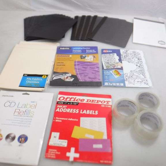 Assortment Of Office Supplies: File Folders, Packing Tape, Notebook ...