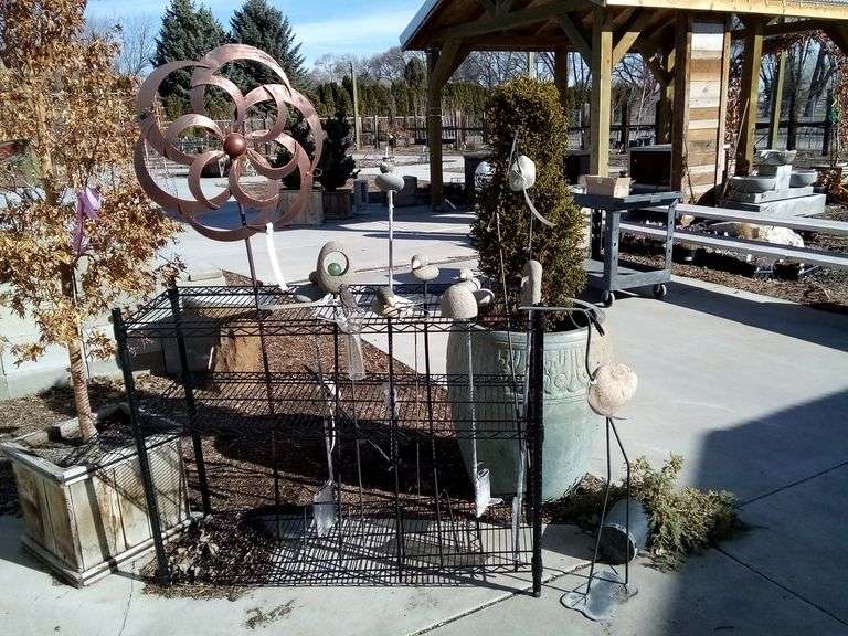 Large Assortment of Lawn Decorations - Items on rack & 1 standing crane ...