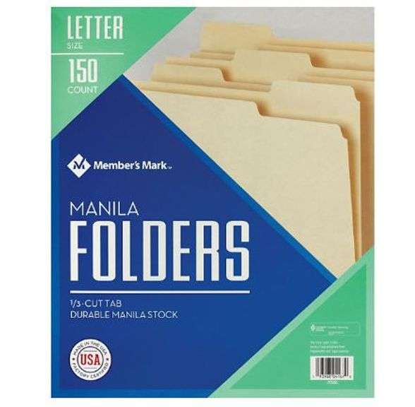 Member's Mark Manila File Folders, 1/3-Cut Tab, Letter Size, 150-Count ...
