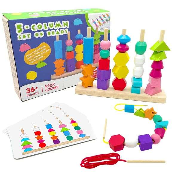Montessori Wooden Beads Sequencing Toy Set - 5 Column Set of Beads ...