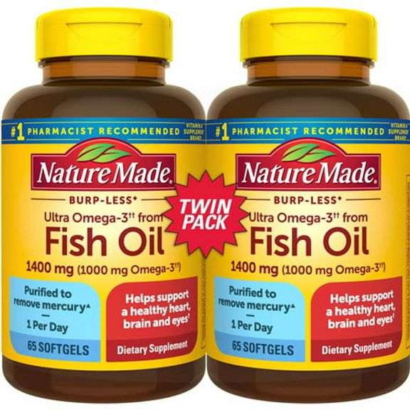Nature Made Burp-Less Ultra Omega 3 Fish Oil, 1400mg (1000mg Omega-3) 65 Softgels per Bottle, 2 ...