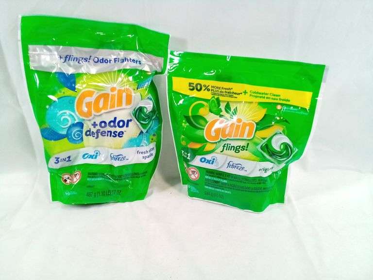 Assortment of 2 - Gain Flings + Odor Defense 3-in-1 Laundry Detergents ...