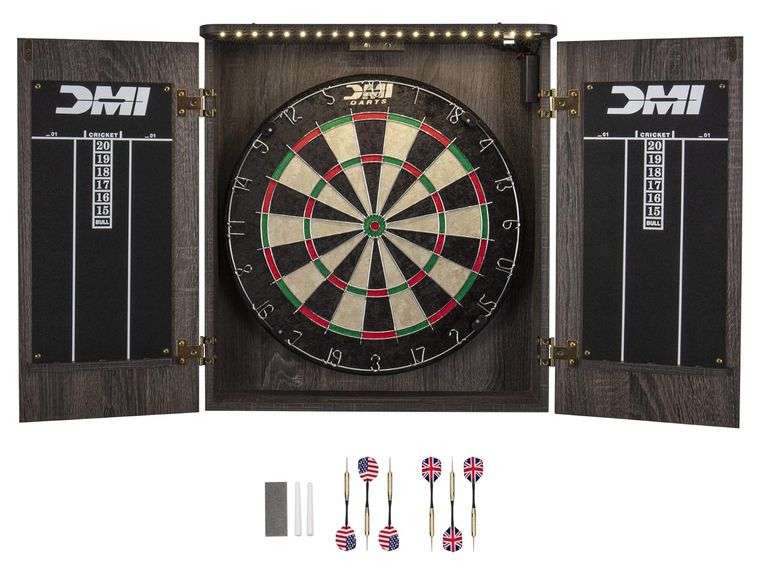 DMI Darts Paris Lighted Dartboard Cabinet Set – Rustic Grey - Dutch Goat